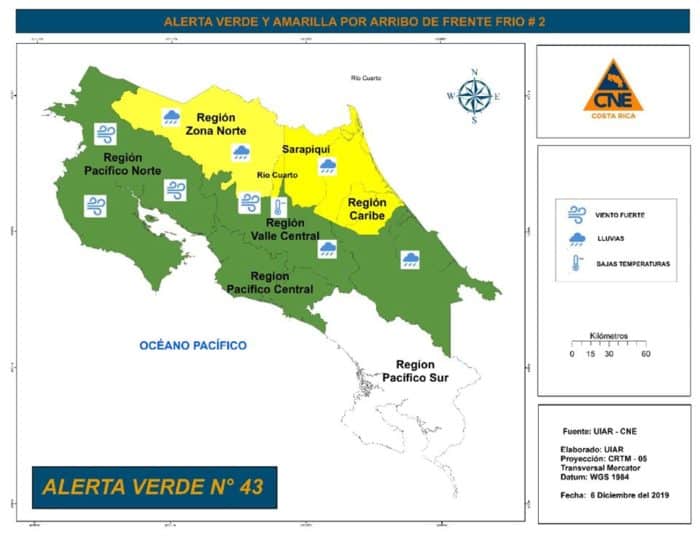 Wind and rain prompt yellow, green alerts throughout Costa Rica
